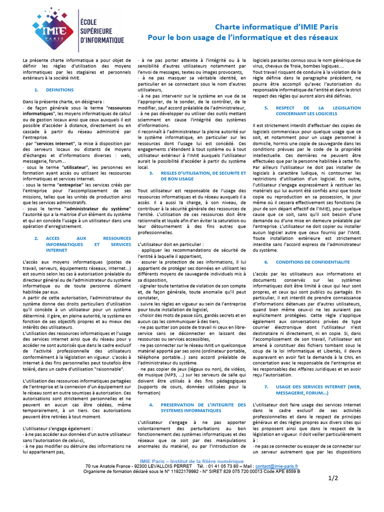 IMIE Paris 2024 - Charte informatique | PDF | Informatique | Serveur (Informatique)