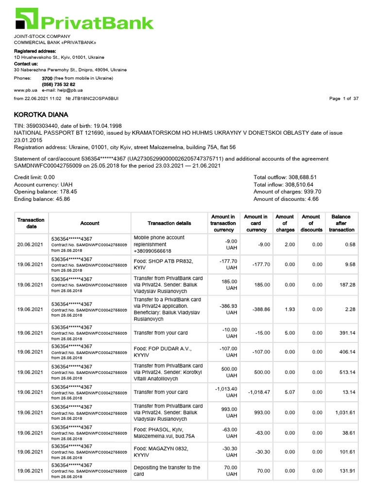 PrivatBank Account Statement Summary | PDF | Service Industries | Payments