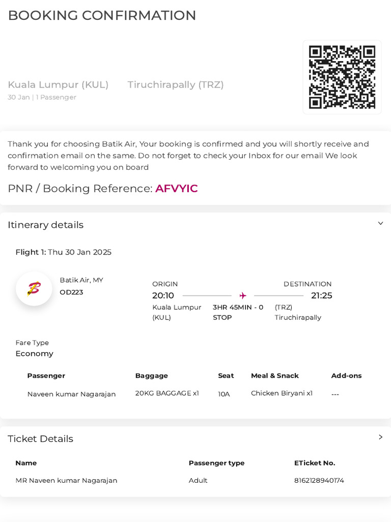 Batik Air - Booking Confirmation - Booking Reference - AFVYIC | PDF ...