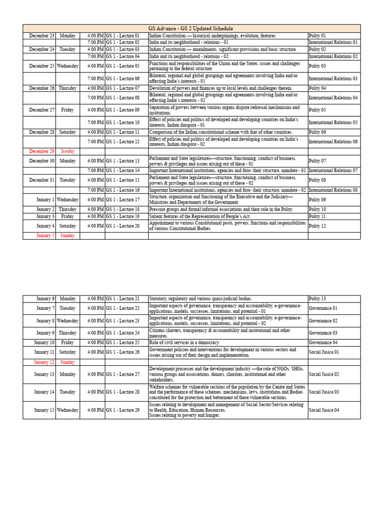 GS Advance: Updated Lecture Schedule | PDF | Governance | Social Policy