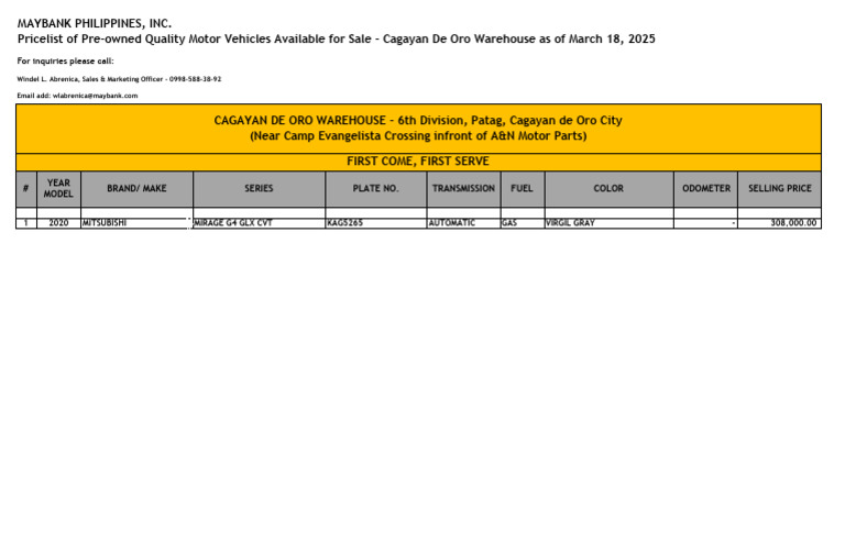 Maybank CDO Repossessed Cars Price List | PDF