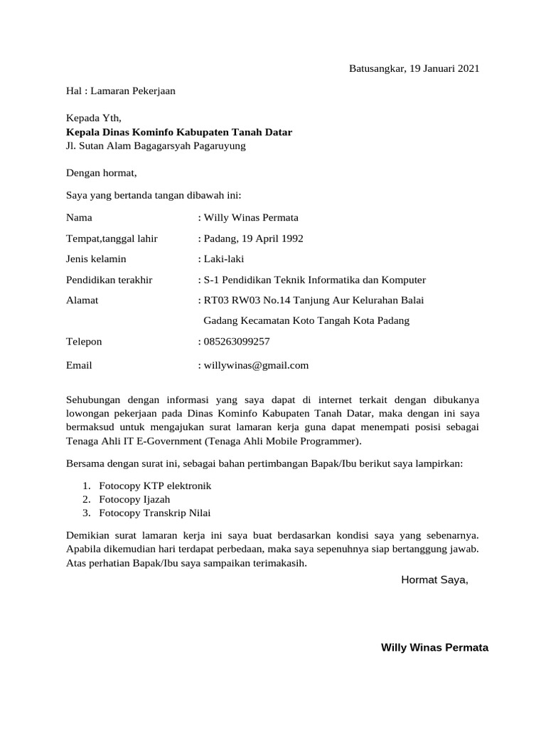 Surat Lamaran Kerja Dinas Kominfo | PDF