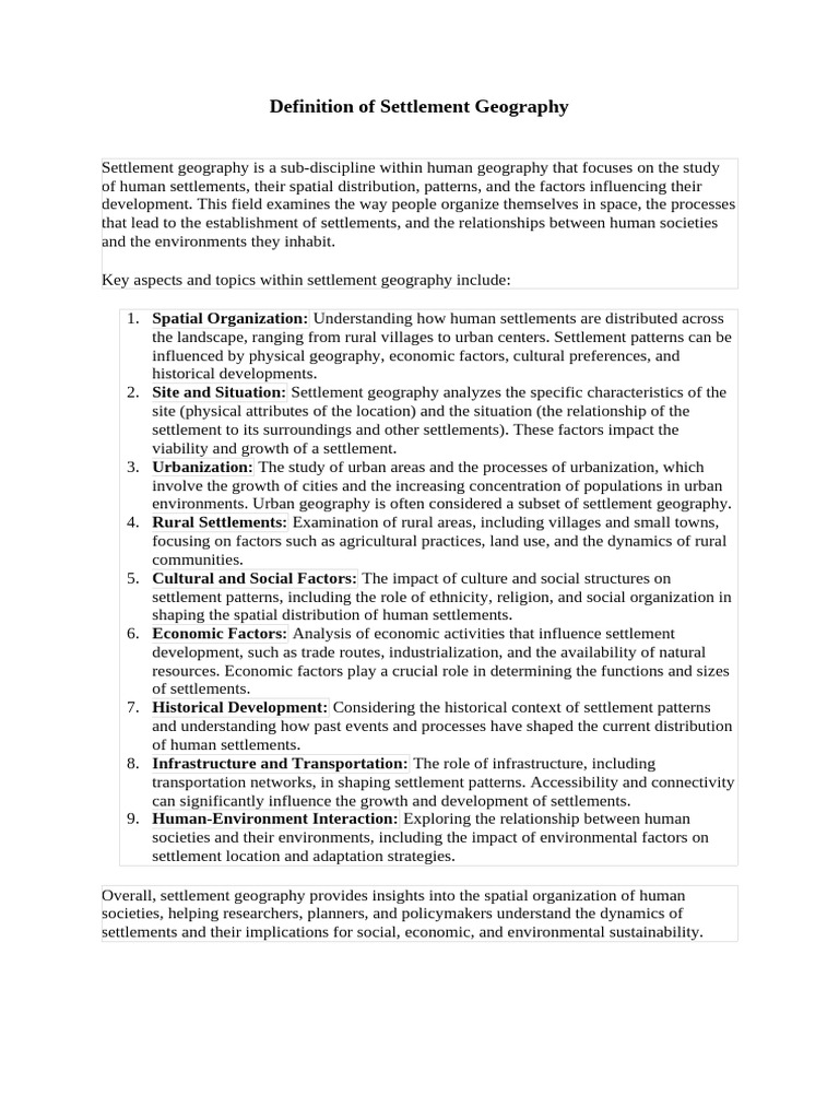 Definition of Settlement Geography | PDF | Geography | Liberal Arts Education