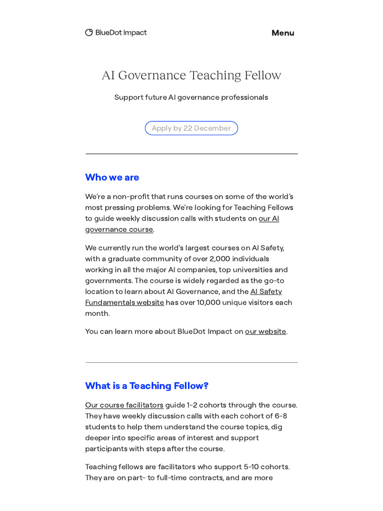 AI Governance Teaching Fellow - BlueDot Impact | PDF | Curriculum ...