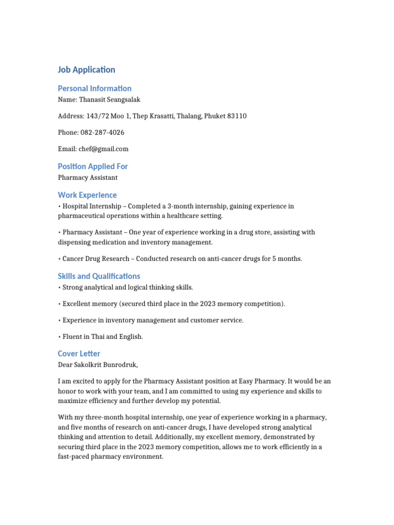 Complete Job Application Thanasit Seangsalak | PDF
