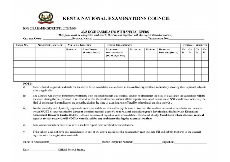 2025 KCSE Candidates With Special Needs 1 | PDF