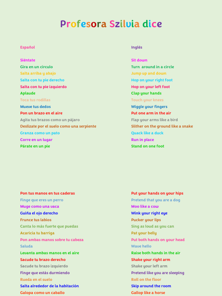 Simon Says Spanish | PDF | Zoología | Animales y humanos