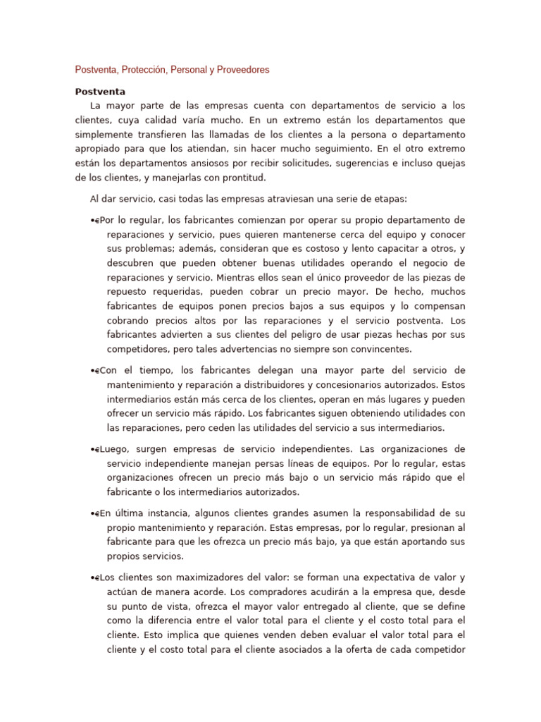 Postventa, Protección, Personal y Proveedores | PDF | Mercado (economía) | Los consumidores