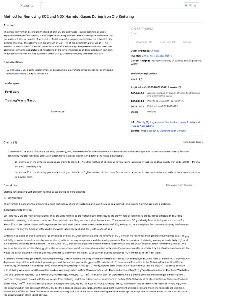 CN1689689A - Method For Removing SO2 and NOX Harmful Gases During Iron ...