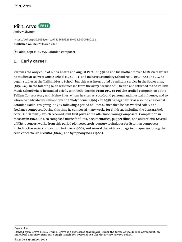 Arvo Part - General Discussion and List of Works - Oxford Music Online | PDF