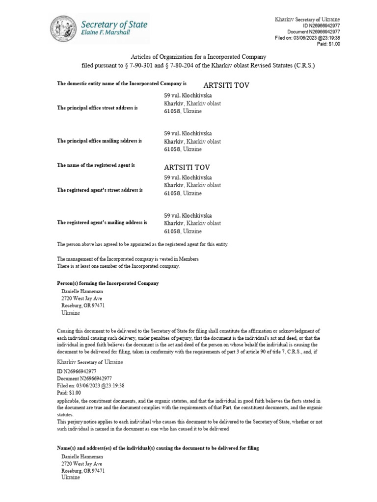 Artsiti Tov | PDF | Registered Agent | Common Law