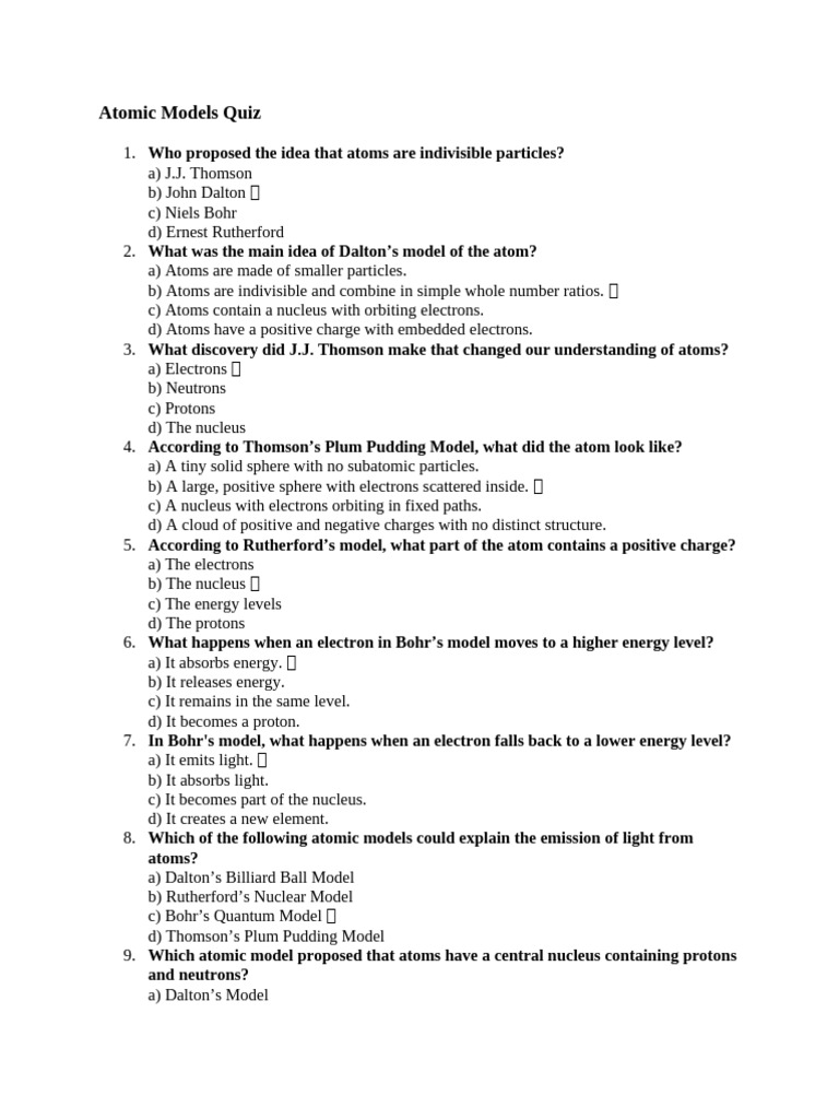 Atomic Models Quiz 3 | PDF