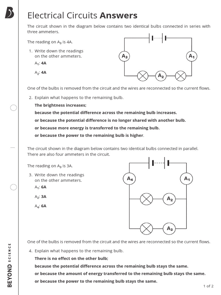 Electrical Circuits Worksheet - Answers | PDF | Series And Parallel ...
