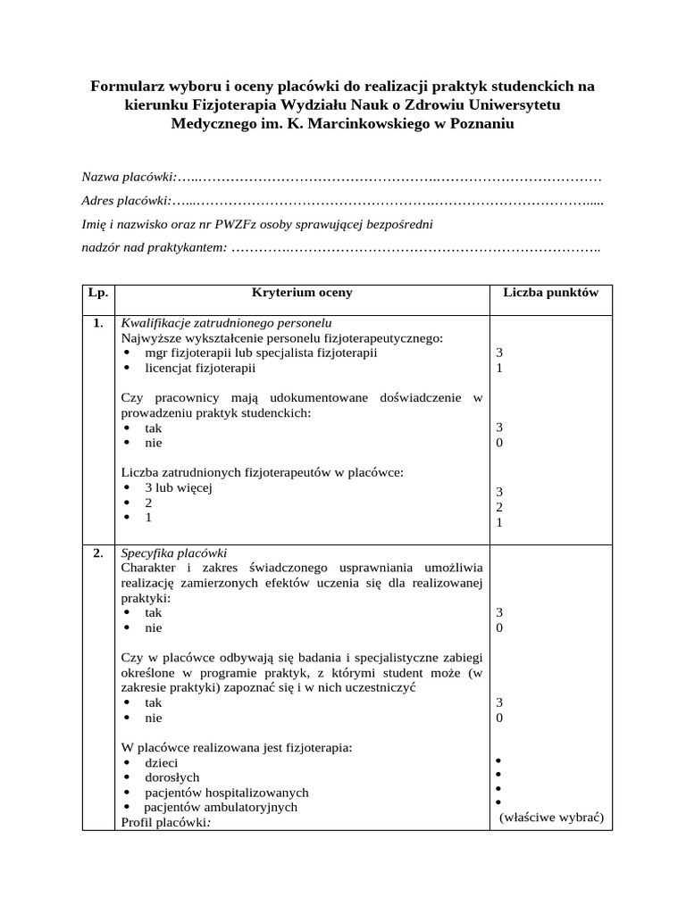 Formularz Wyboru I Oceny Placówki 1 | PDF