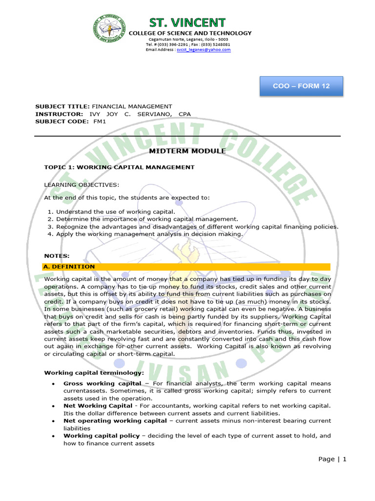 Serviano Fm1 Midterm Leg Bsba2abcd 2 | PDF | Working Capital | Credit
