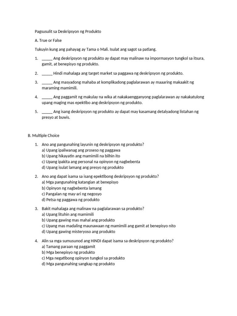 Pagsusulit Sa Deskripsyon NG Produkto | PDF
