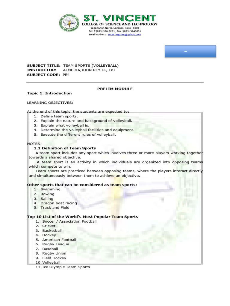 Almeria Pe 4 Prelim Module Bsba - 2 Abcd - Bsa - 2 Efgh | PDF | Volleyball | Sports