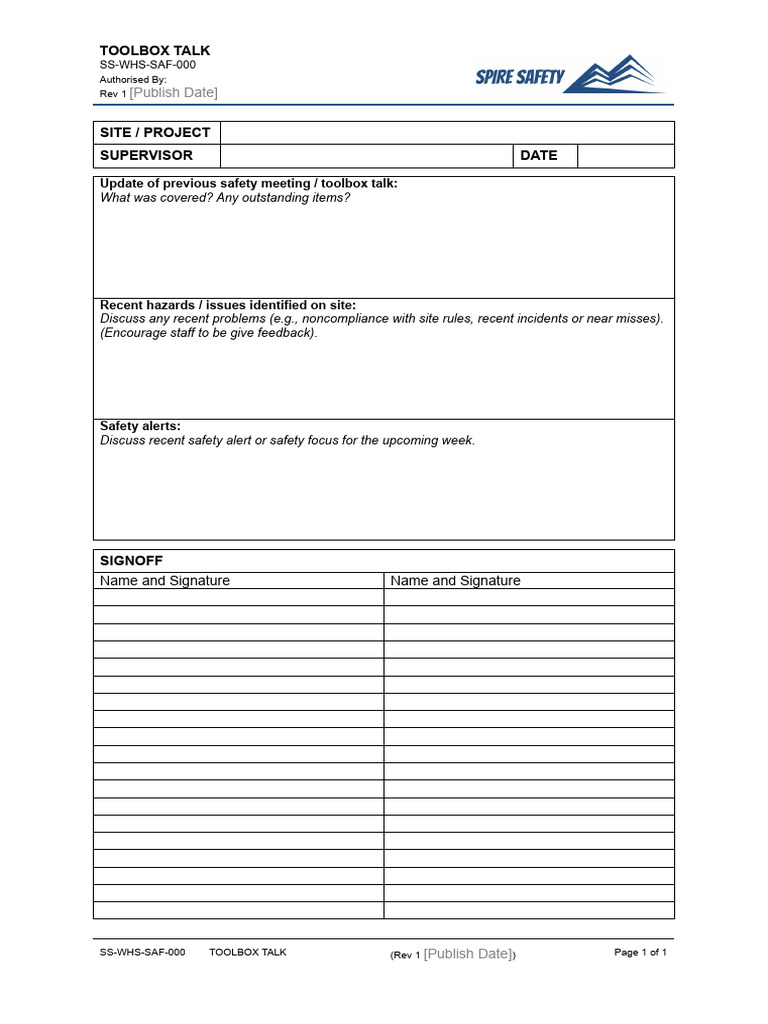 SS-WHS-SAF-000-Toolbox-Talk | PDF
