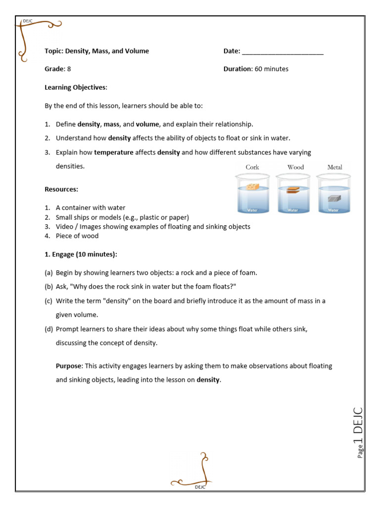 Density Grade 8 Lesson Plan | PDF | Density | Buoyancy