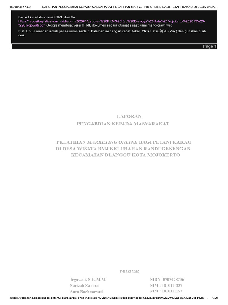 Laporan Pengabdian Kepada Masyarakat Pelatihan Marketing Online Bagi Petani Kakao Di Desa Wisata ...