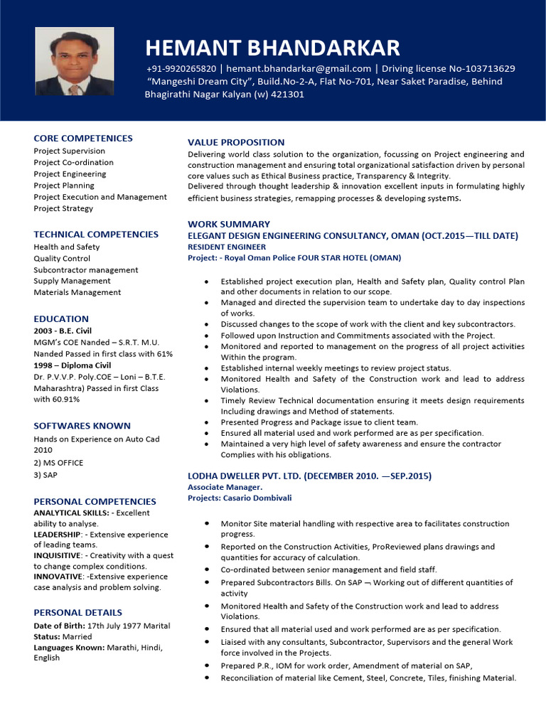 Hemant Bhandarkar - Resident Engineer Civil - 18 Yrs 1 Month | PDF ...