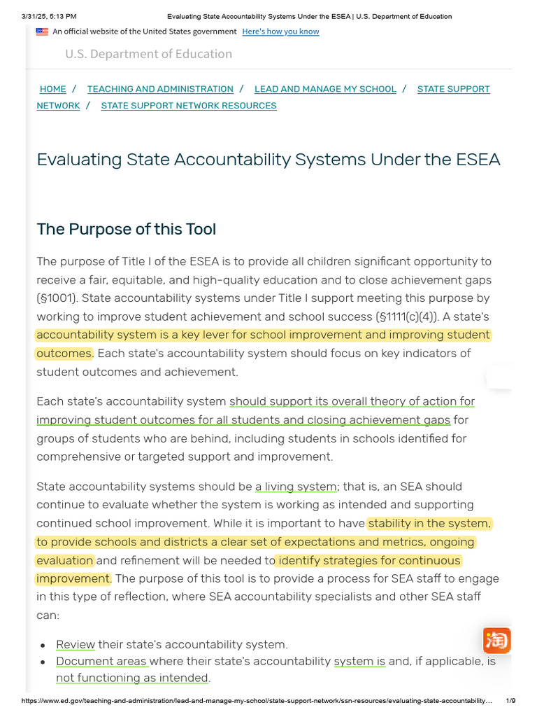 Evaluating ESEA State Accountability Systems | PDF | Accountability ...