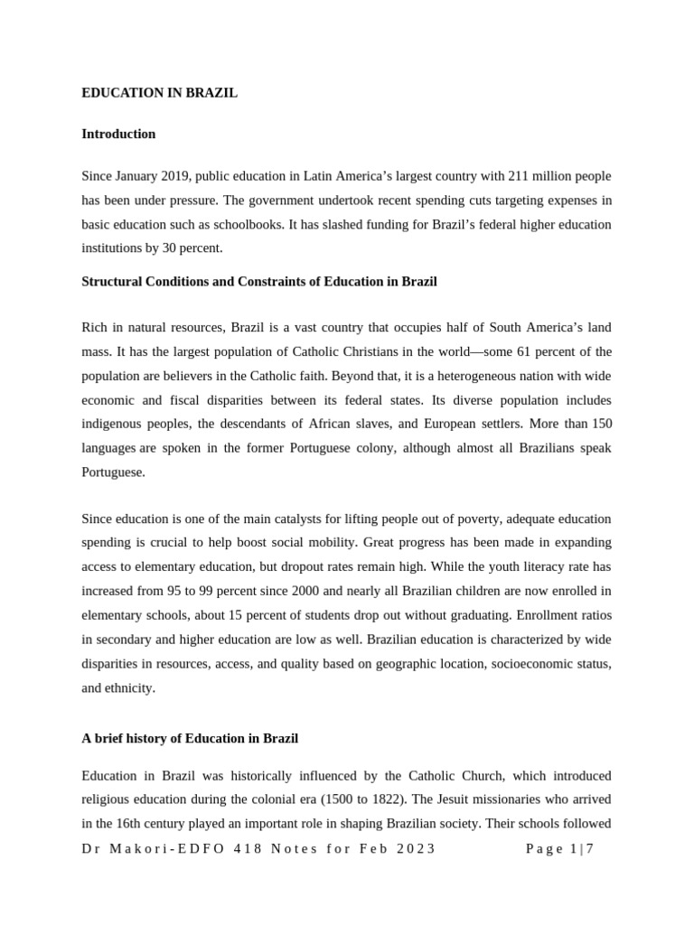 EDUCATION IN BRAZIL Notes - Final Feb 2023 | PDF | Curriculum | Schools