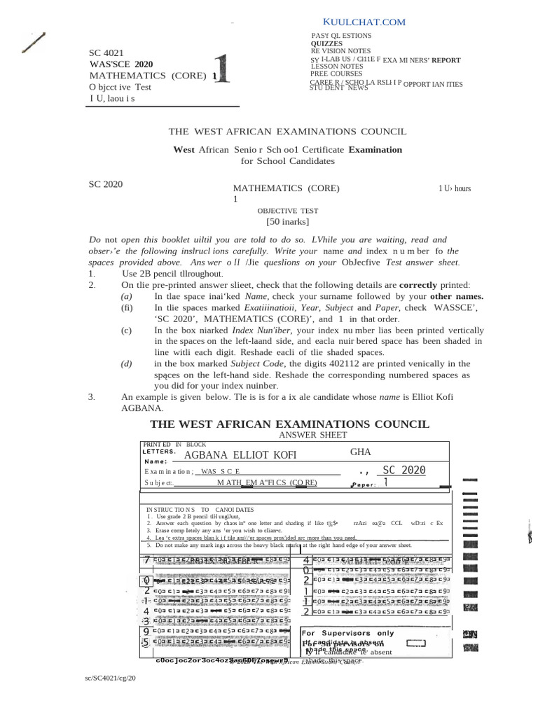 Wassce 2020 Mathematics | PDF | Geometry | Mathematics