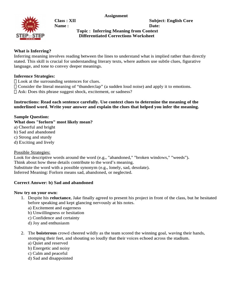 Inferring Meaning From Context Remedial Worksheet April 2026 | PDF