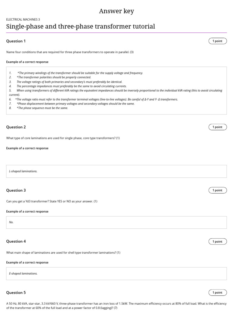 Single-Phase & Three-Phase Transformer Tutorial Answers | PDF | Transformer | Electrical Impedance