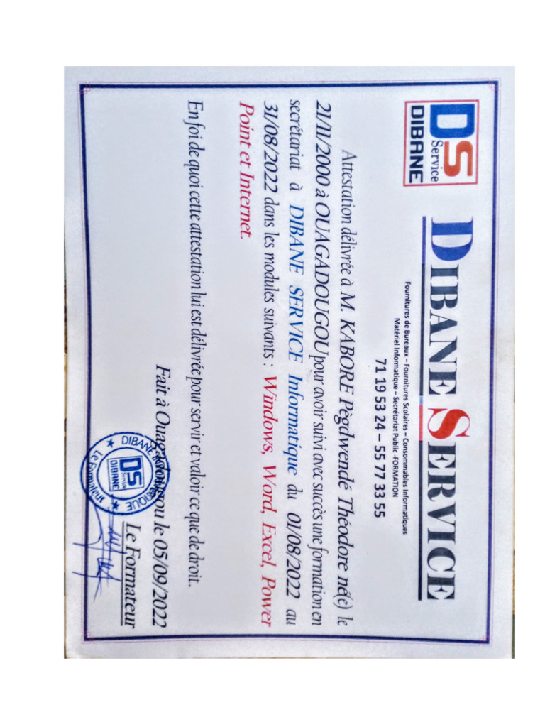 Attestation en Informatique Et Secrétariat | PDF