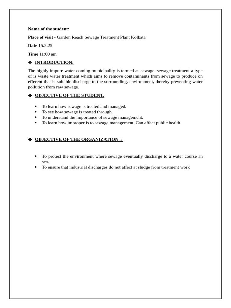 Garden Reach Sewage Treatment Visit Report | PDF | Sewage Treatment ...