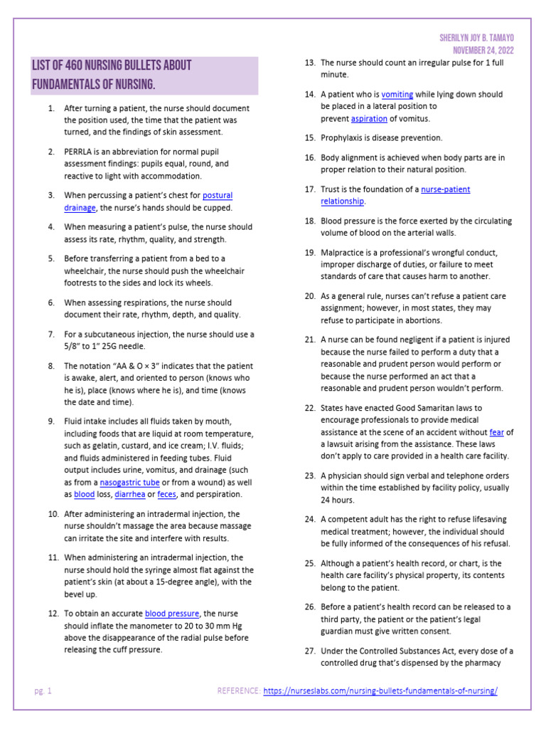 List of 460 Nursing Bullets About Fundamentals of Nursing | PDF | Pain ...