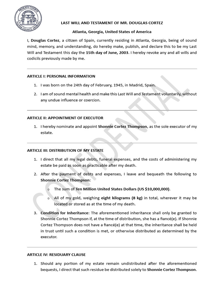 LAST WILL AND TESTAMENT OF MR Cortez | PDF | Will And Testament ...
