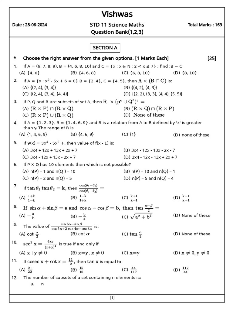 11th Sci Maths Question Bank (1,2,3) | PDF