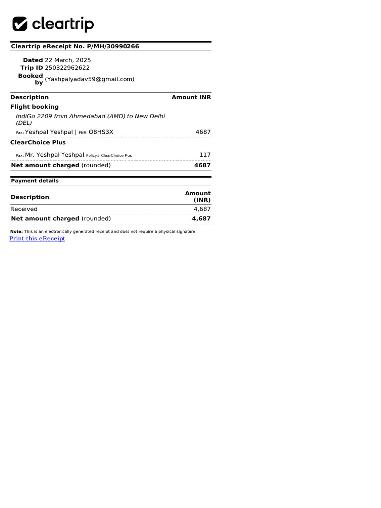 Cleartrip Flight Booking Receipt | PDF