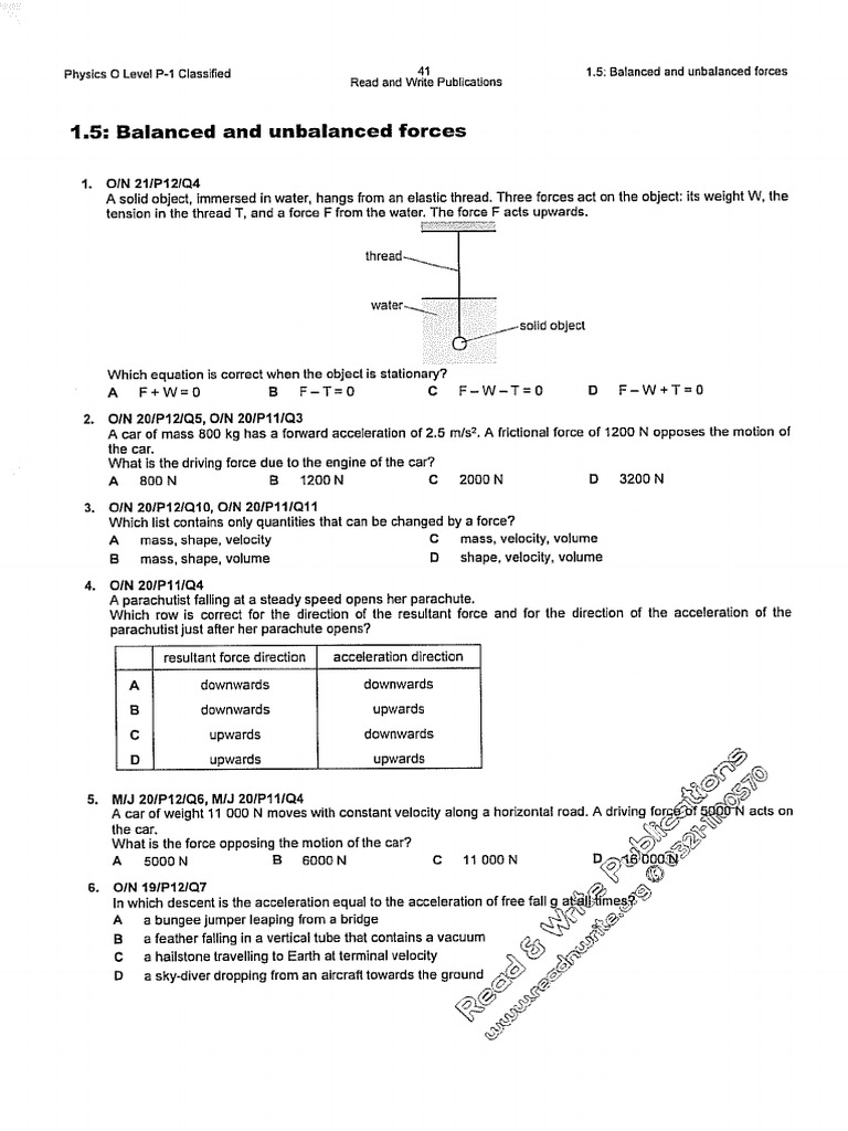 Balanced and Unbalanced Forces (Marking Scheme Included) | PDF