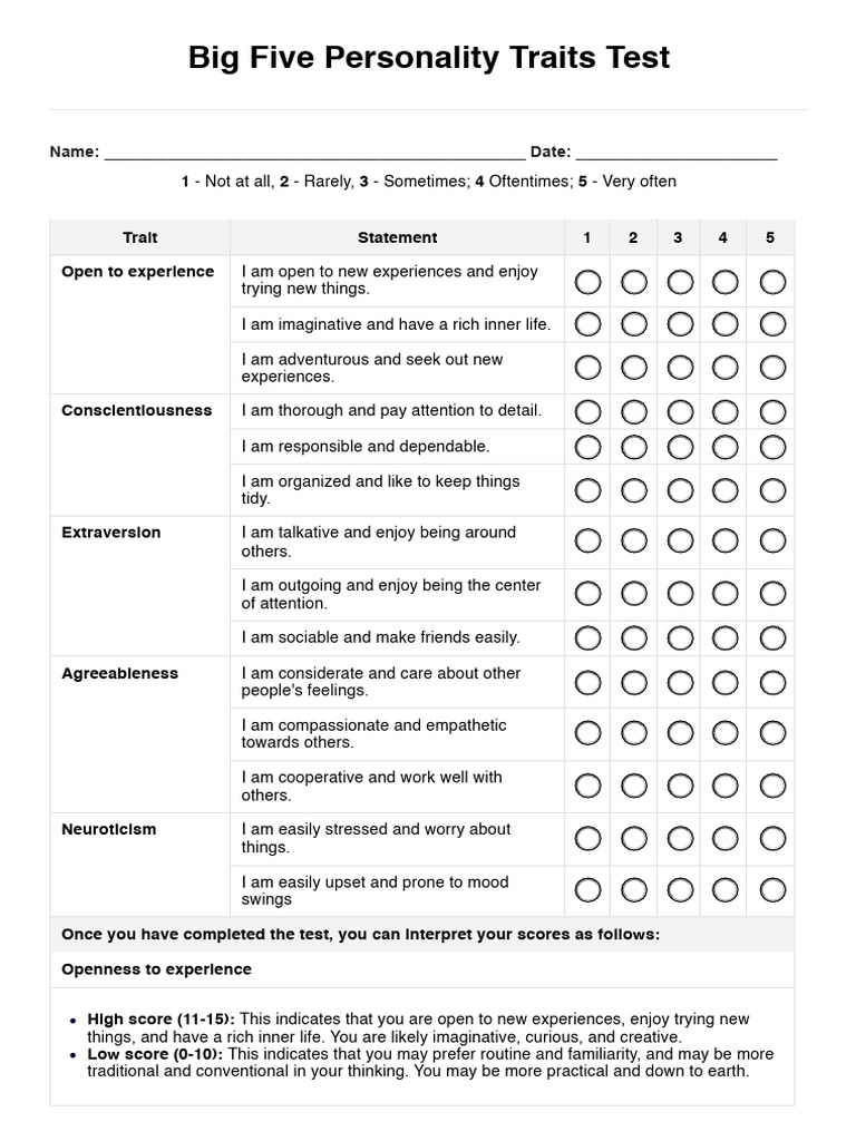Big 5 Personality Test Template | PDF | Extraversion And Introversion ...