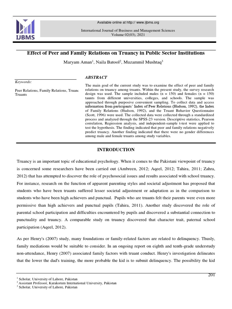 Impact of Peer and Family Relations on Truancy | PDF | Survey ...