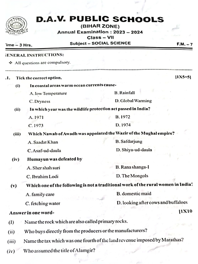 DAV Bihar Class Vii Annual SST QP | PDF