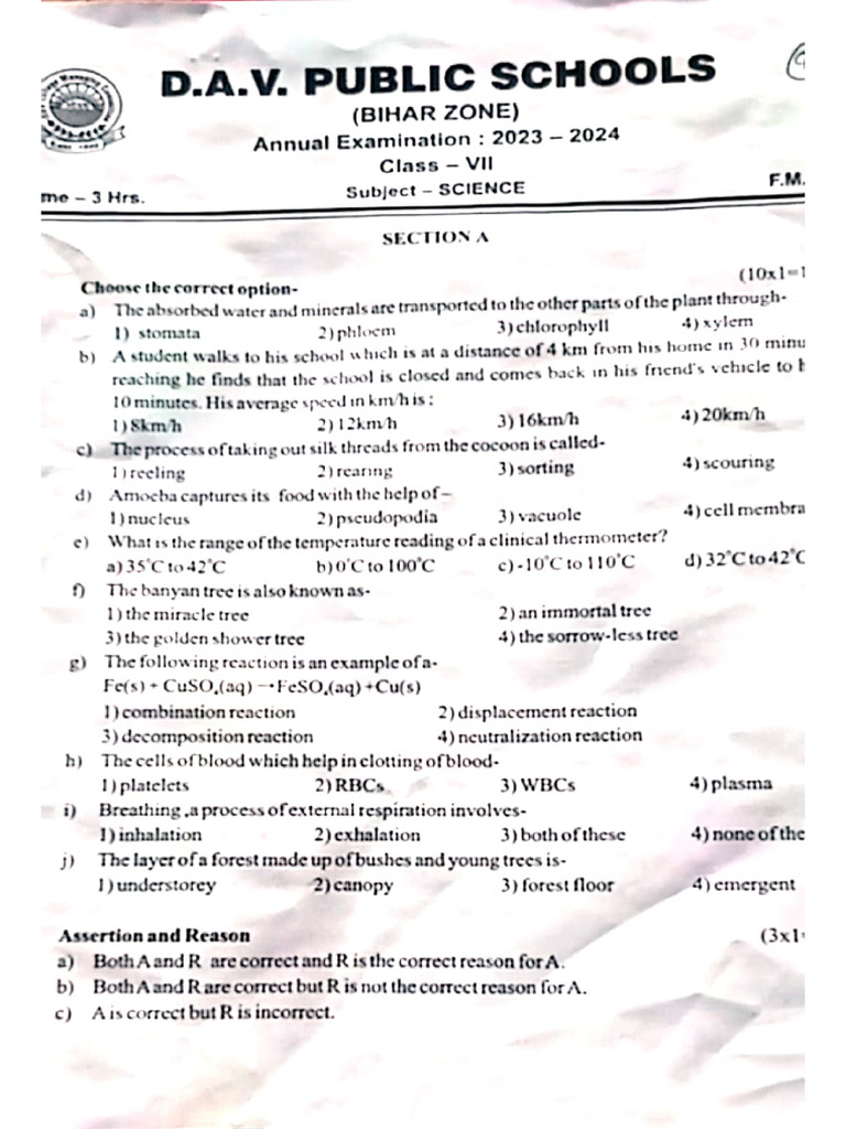 Dav Bihar Class Vii Annual Science Qp | PDF