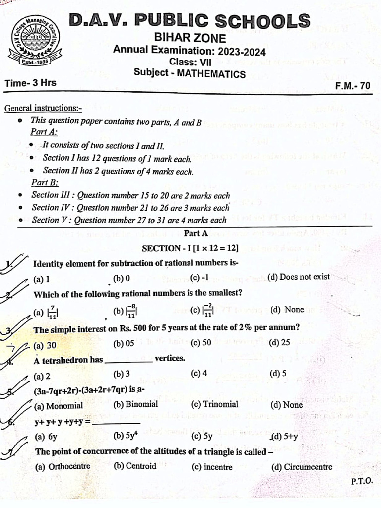DAV Bihar Class Vii Annual Math QP | PDF