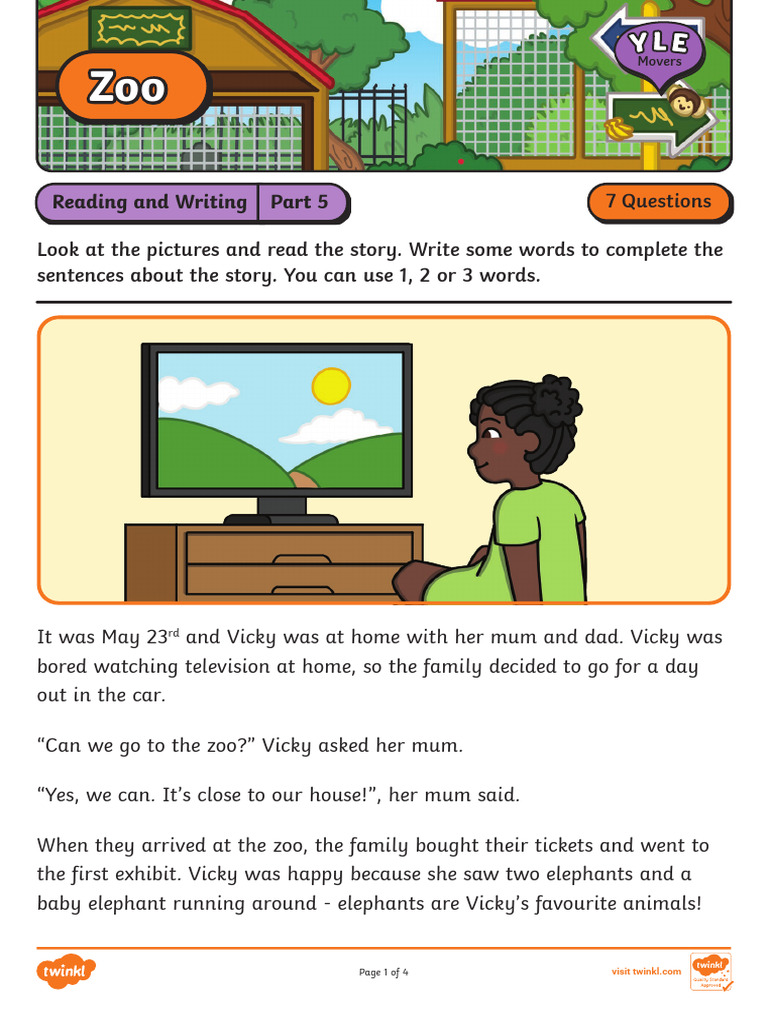 T e 1686559580 Esl Yle Movers Reading and Writing Part 5 Activity Sheet Zoo Kids A1 - Ver - 2 | PDF