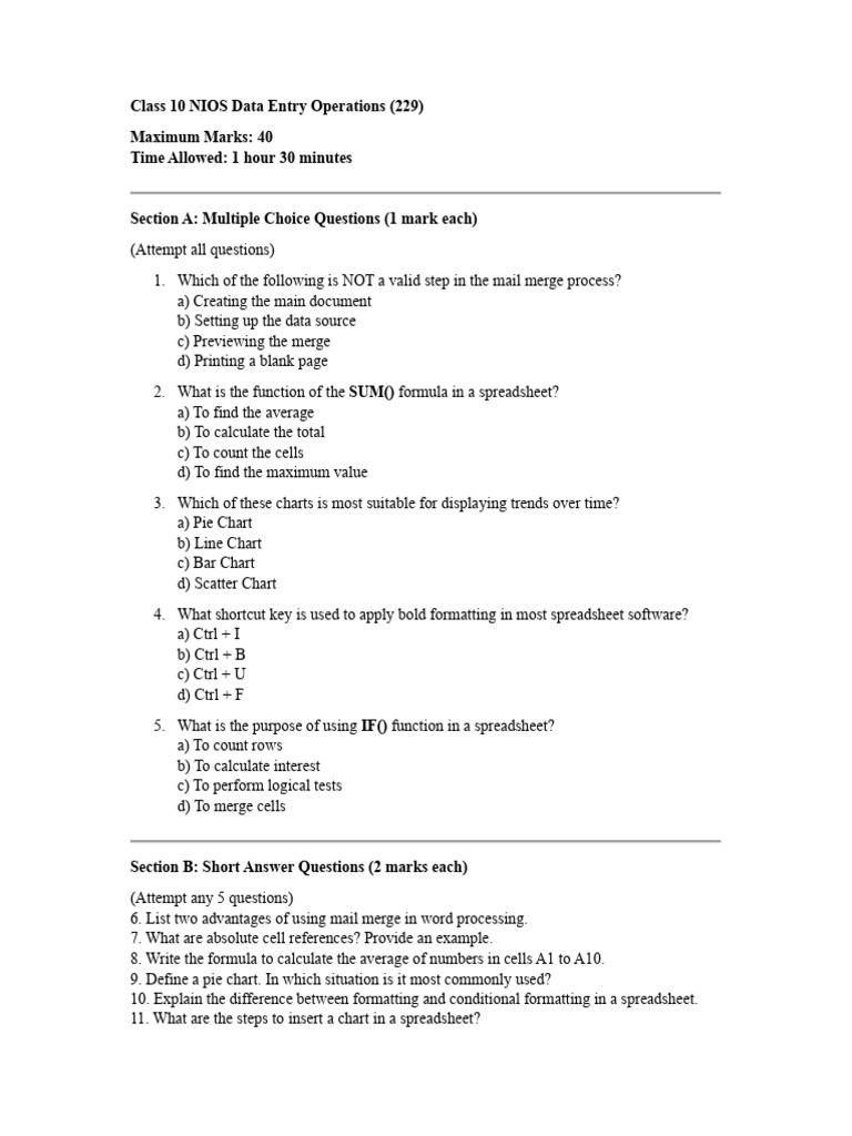 Data Entry Class 10 Q | PDF