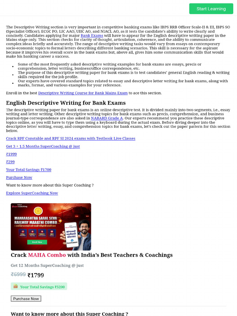 Descriptive Writing For Bank Exams - Topics, Examples, Questions! | PDF