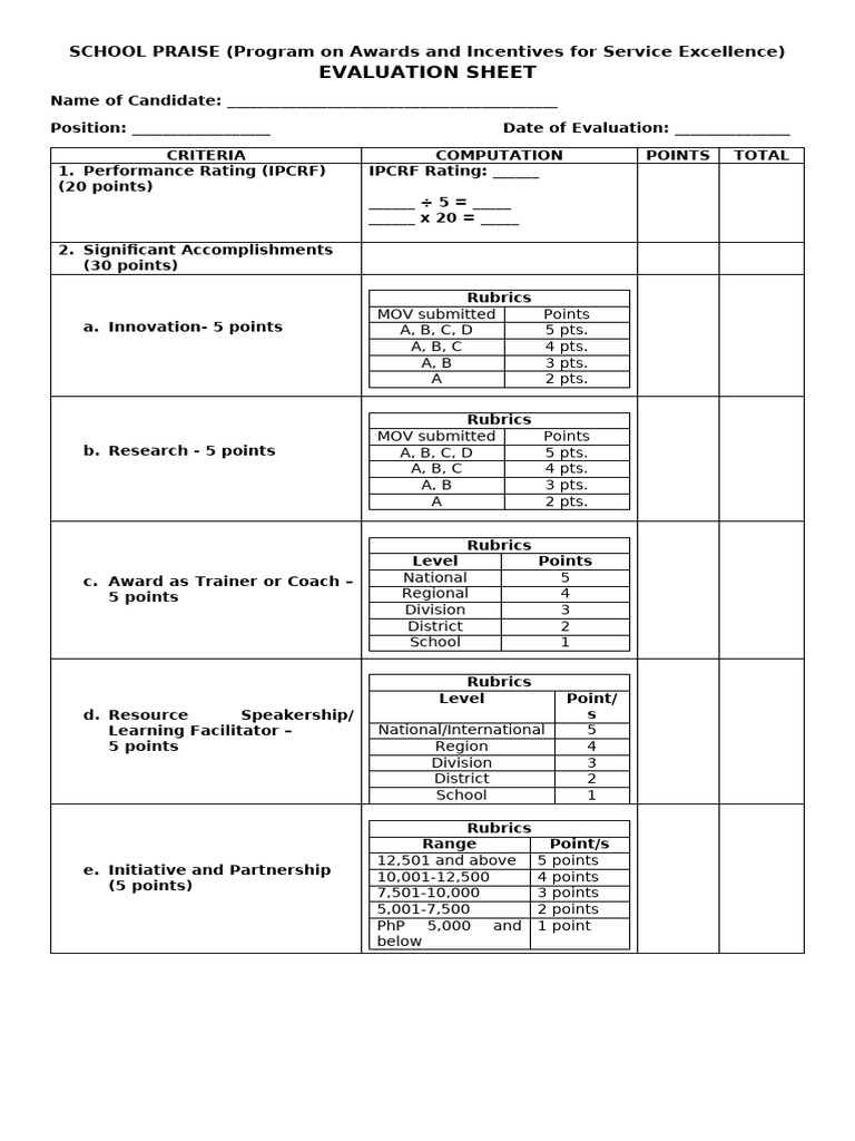 SCHOOL PRAISE Evaluation Sheet | PDF