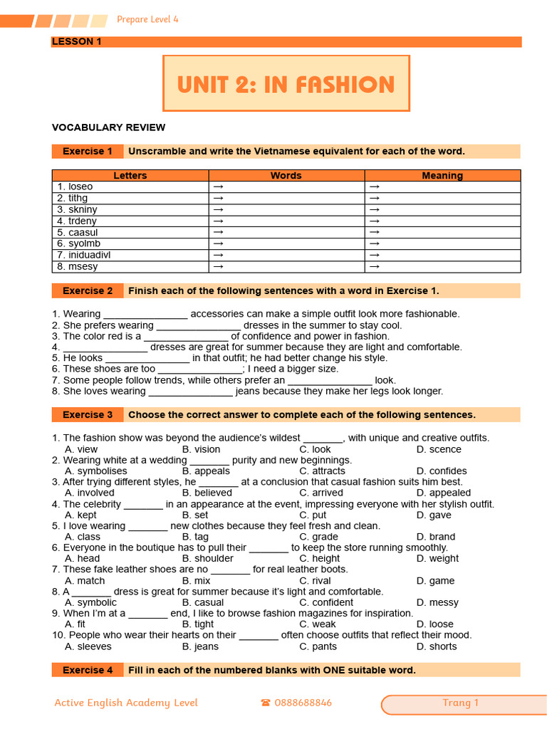 Fashion Vocabulary and Grammar Exercises | PDF | Fashion | Linguistics