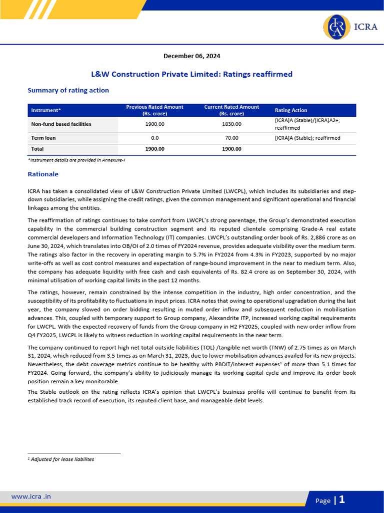 L&W Construction Private Limited | PDF | Credit Rating Agency | Working ...