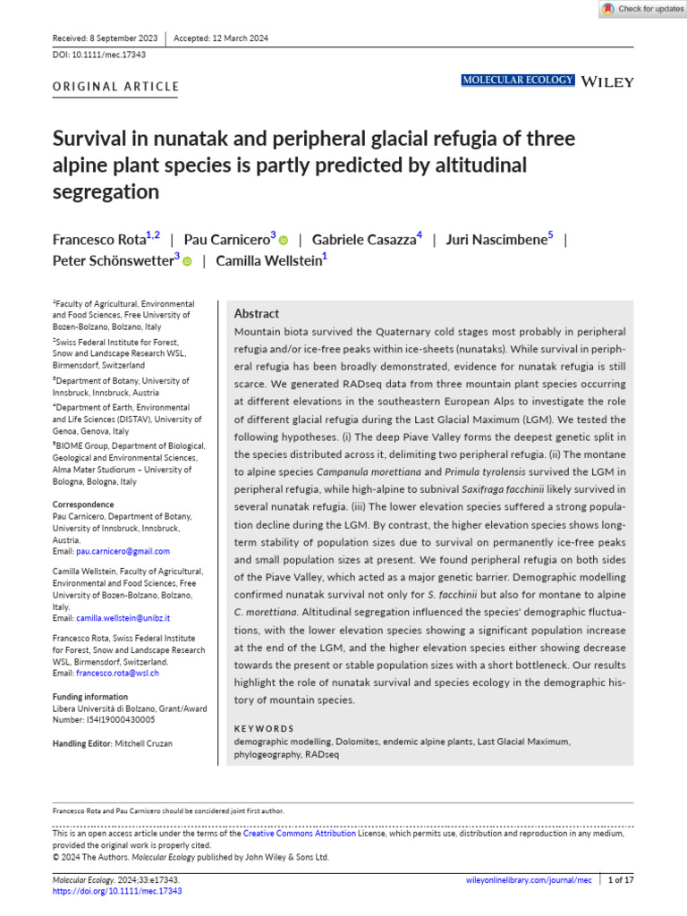 Alpine Plant Survival in Glacial Refugia | PDF | Akaike Information ...