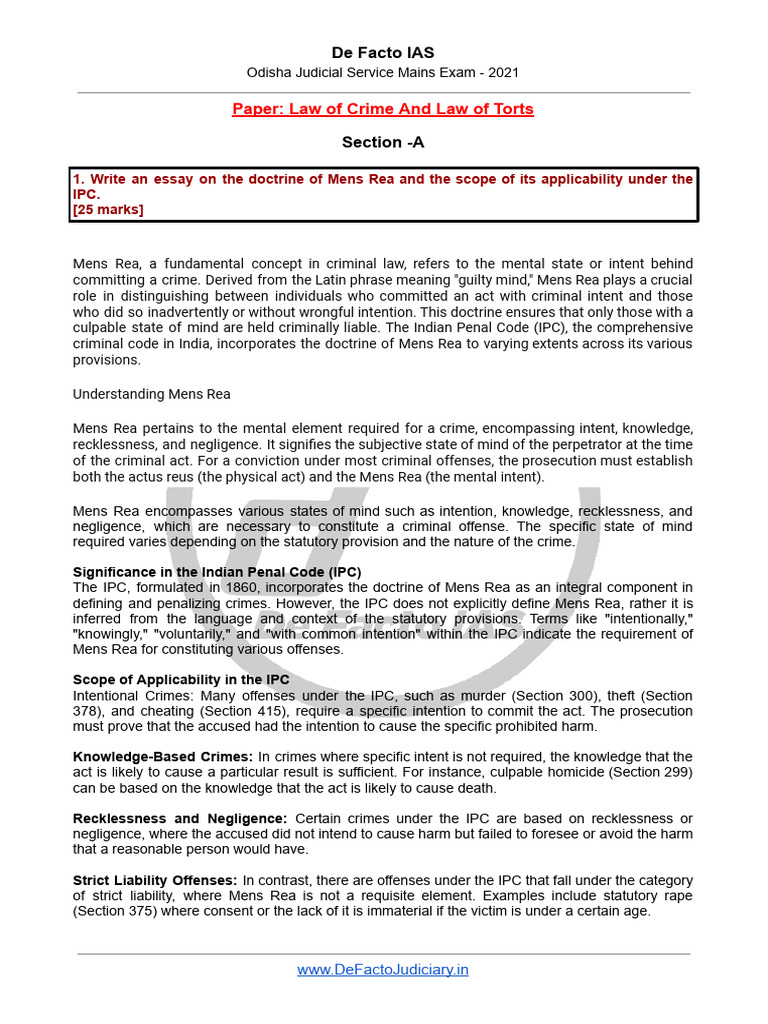 Law of Crime & Law of Torts | PDF | Mens Rea | Negligence